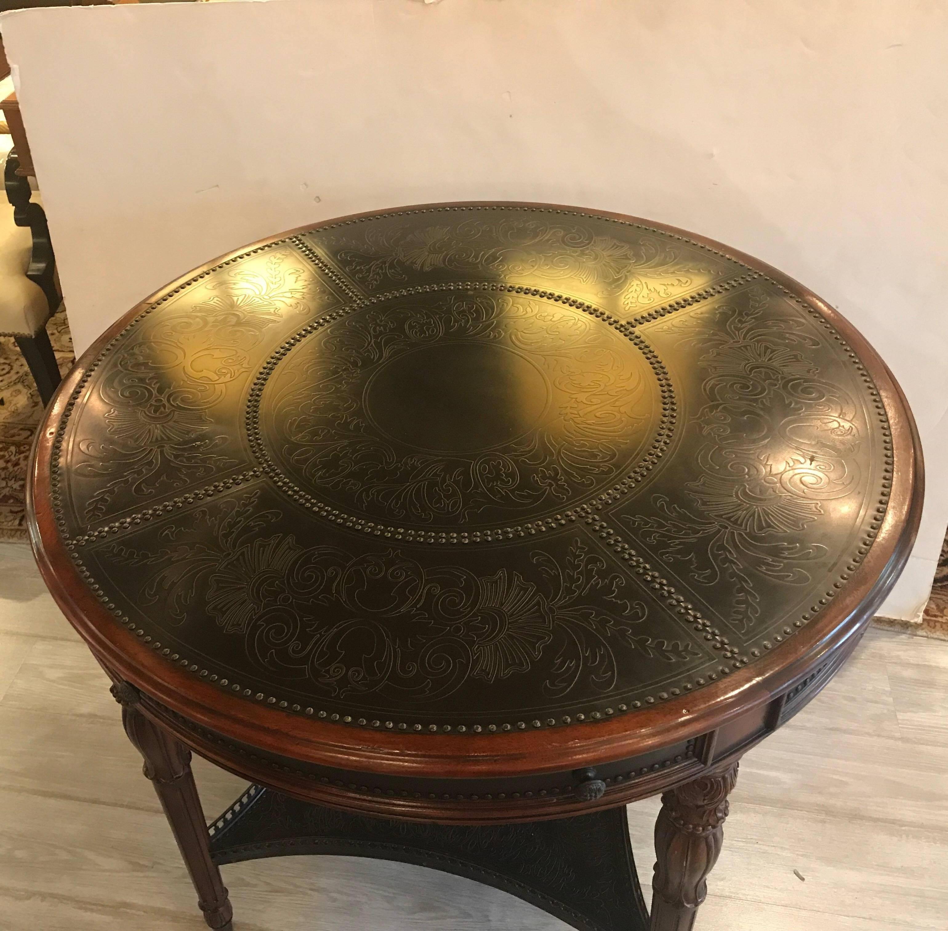 Mahogany and Engraved Copper Top Round Center Table For Sale at 1stDibs
