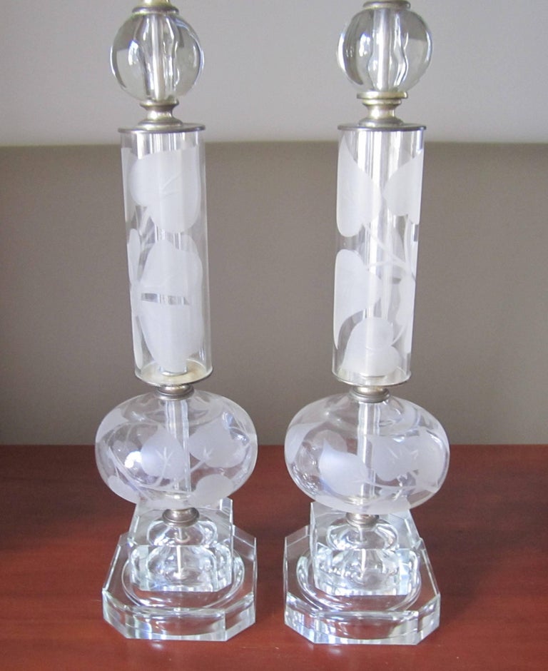 Pair Vintage Crystal Table Lamps in the Style of Lalique, 1940s For ...