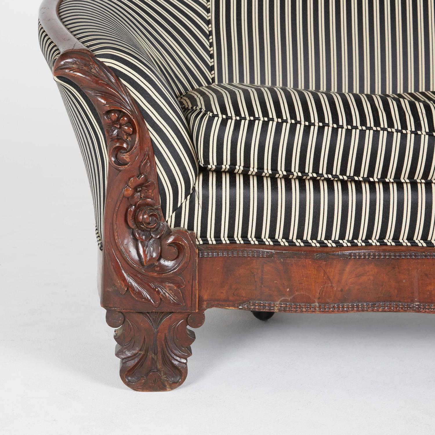 Victorian Rococo Revival Sofa, Carved Walnut with Striped Upholstery ...