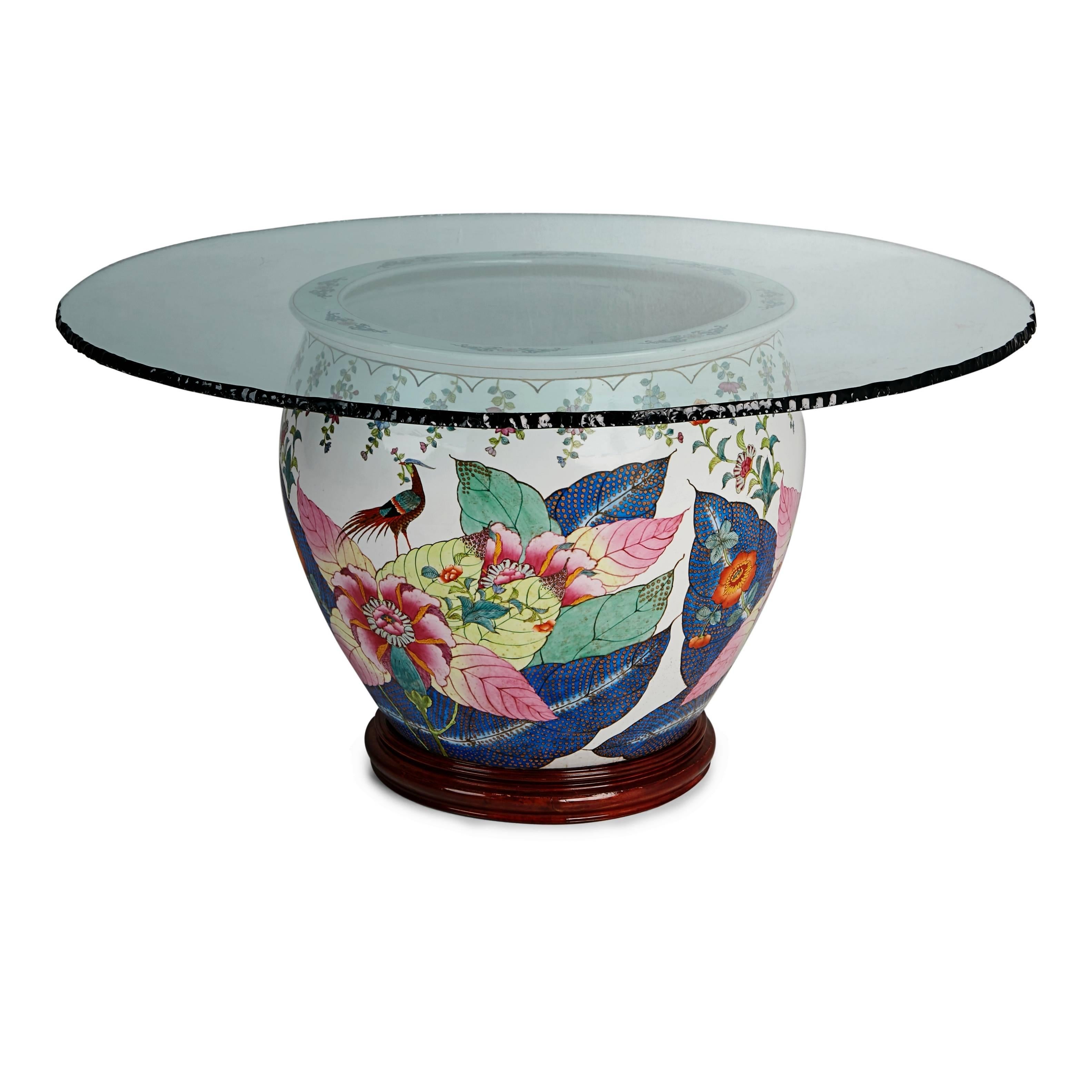 Asian Glazed Porcelain Urn Base Dining Table with Fractured Edge Glass ...