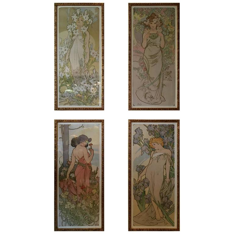 Set of Four Original Lithographs by Alphonse Mucha "The Flowers," circa ...
