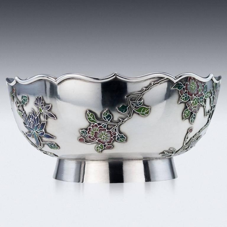 Antique Rare Chinese Export Solid Silver and Enamel Bowl Wang Hing ...