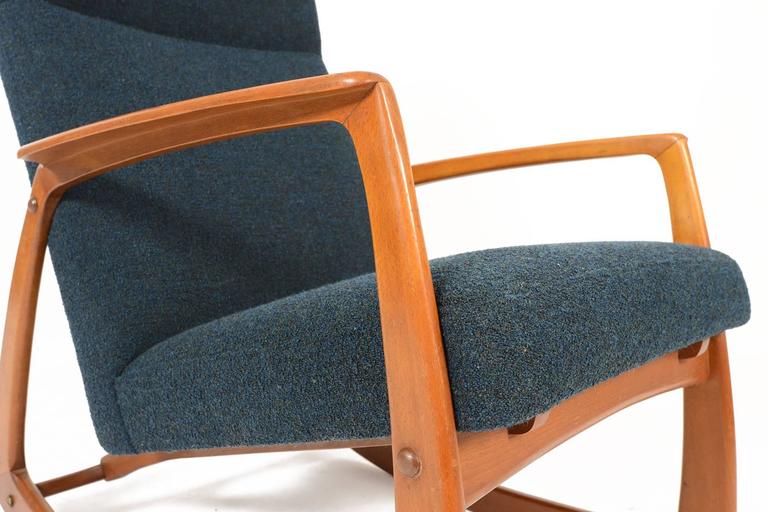 Danish Modern Teak Rocking Chair in Aegean Blue Wool at 1stDibs