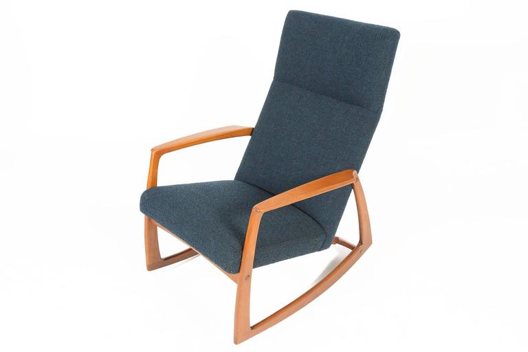 Danish Modern Teak Rocking Chair in Aegean Blue Wool at 1stDibs