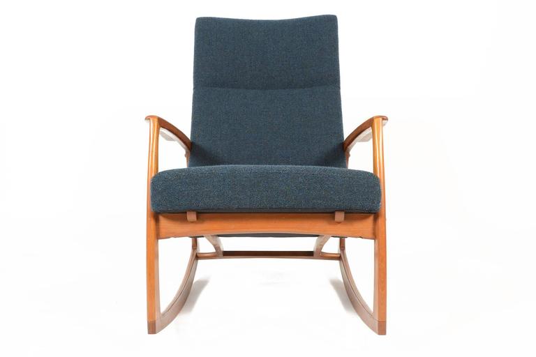 Danish Modern Teak Rocking Chair in Aegean Blue Wool at 1stDibs