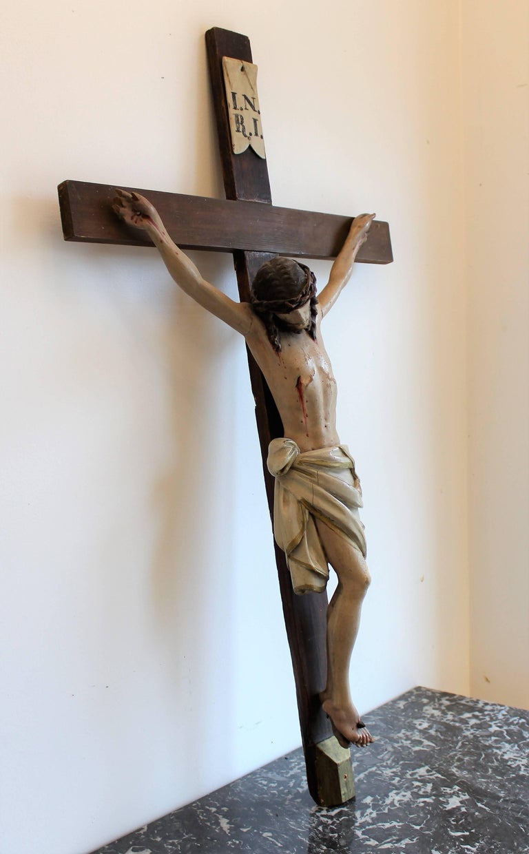 Early 19th Century European Hand Carved and Polychromed Wood Crucifix ...