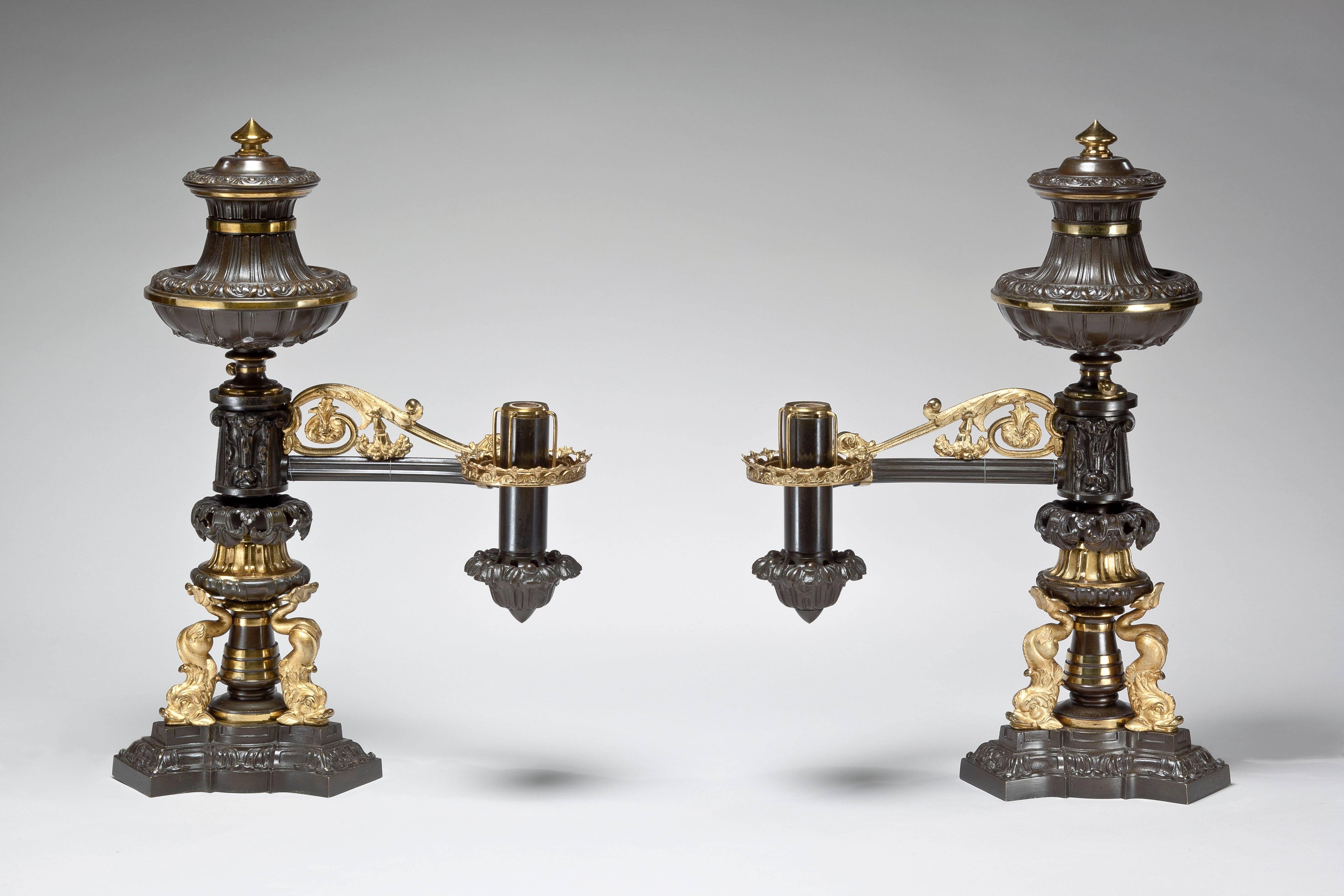 Pair of Regency Lacquered Brass Argand Lamps at 1stDibs