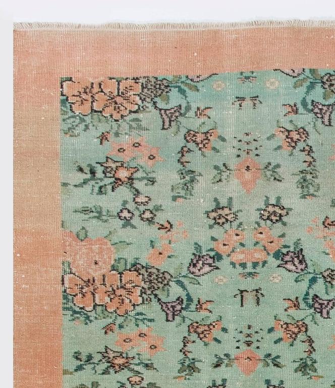 Floral Turkish Deco Rug in Soft Pink and Turquoise Colors at 1stDibs