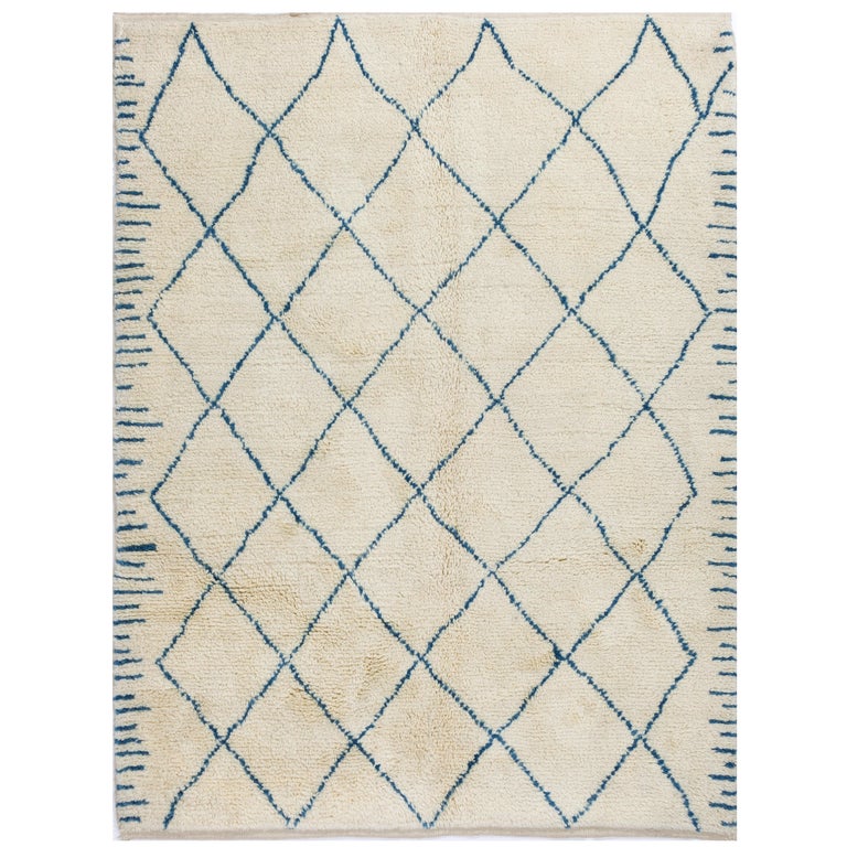 Contemporary Moroccan Wool Rug in Ivory and Blue Colors at 1stDibs