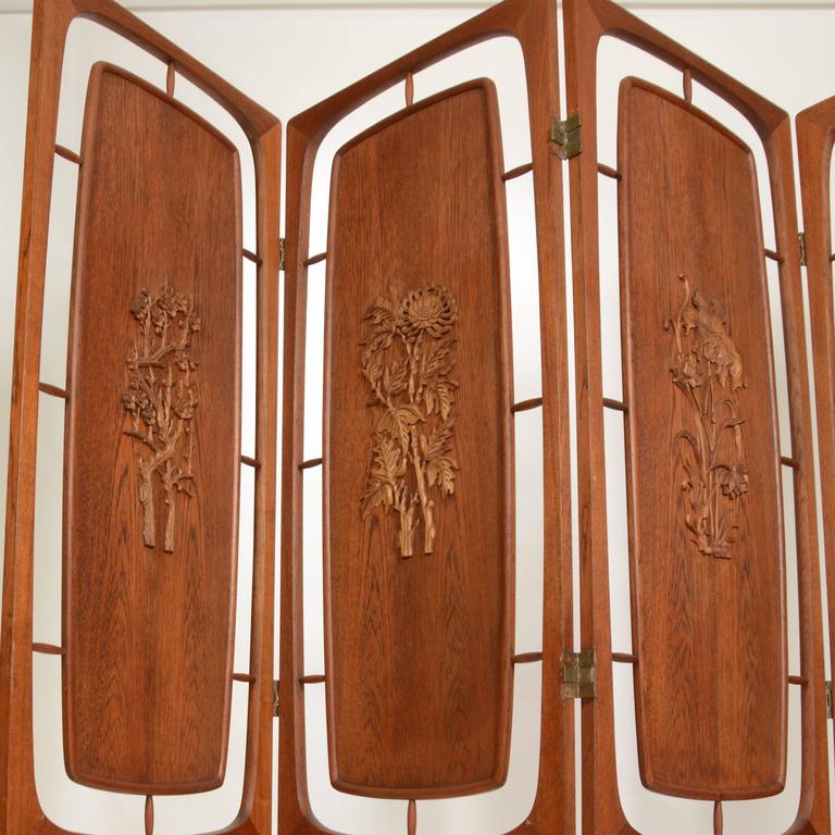 Sculptural Four-Panel Folding Teak Screen Room Divider For Sale at 1stdibs