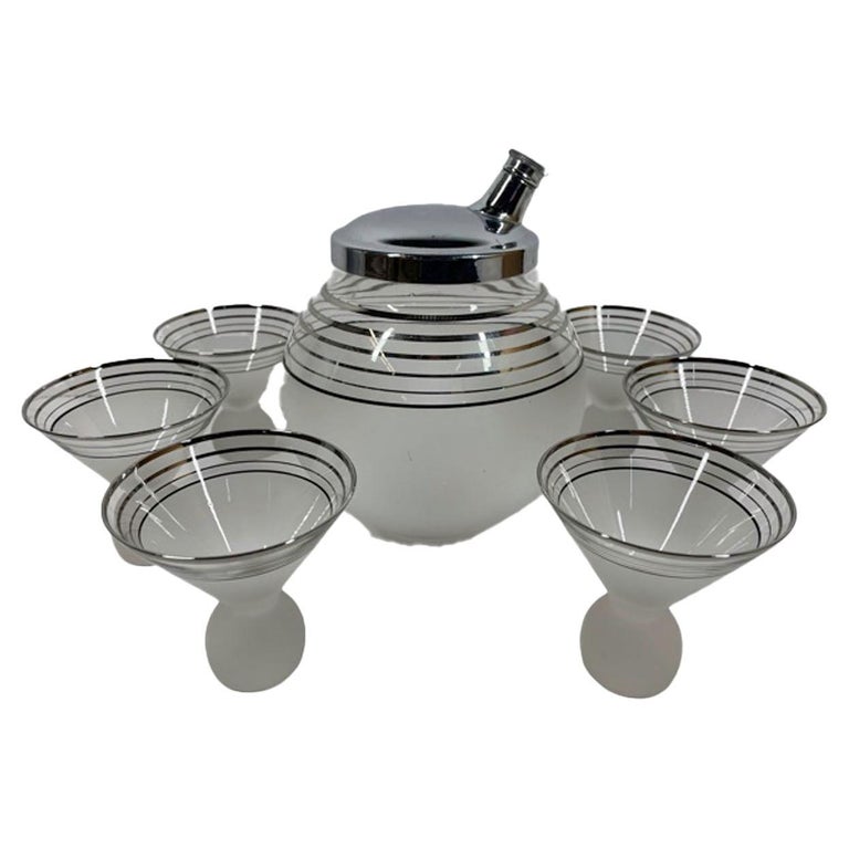 Art Deco Ball Form Cocktail Shaker with Six Ball-Footed Martini Glasses ...