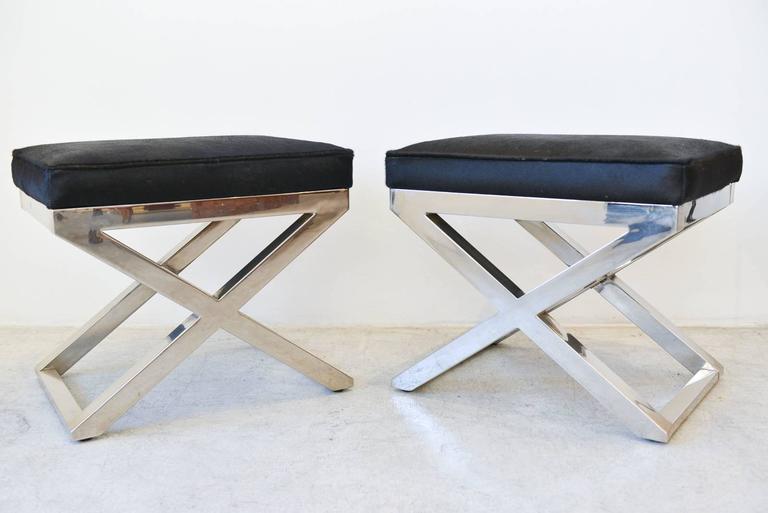 Pair of Chrome X-Base Stools with Cowhide Seats at 1stDibs