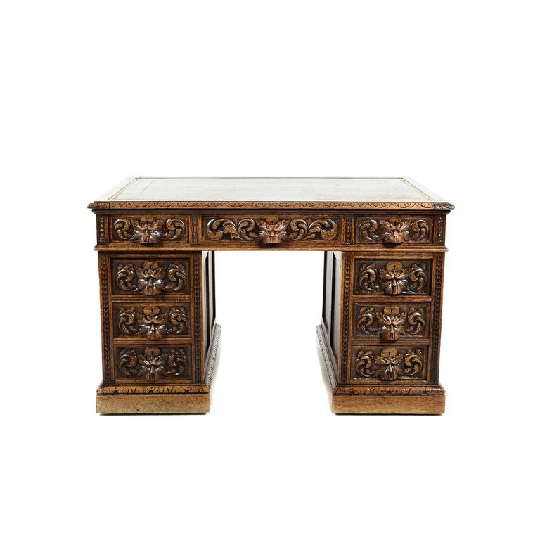 Antique English Late Victorian Intricately Carved Oak Desk, 19th ...