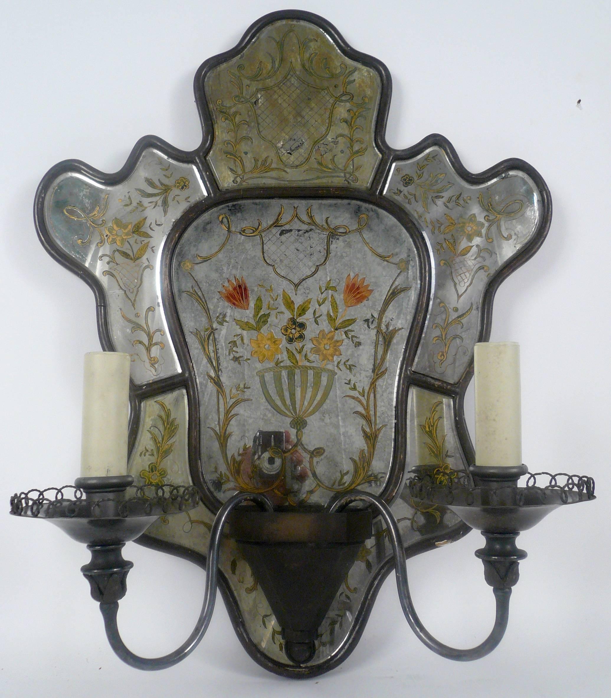 Pair of Mirrored and Eglomise Two-Light Sconces at 1stDibs