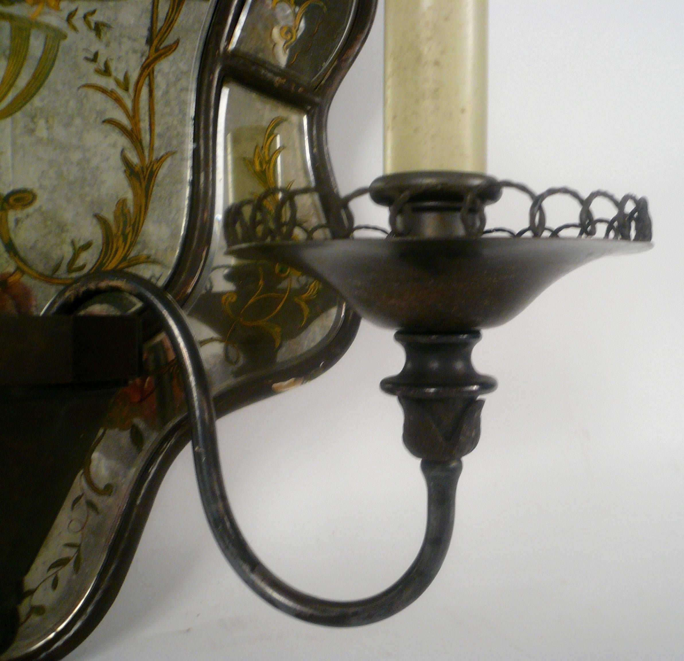 Pair of Mirrored and Eglomise Two-Light Sconces at 1stDibs