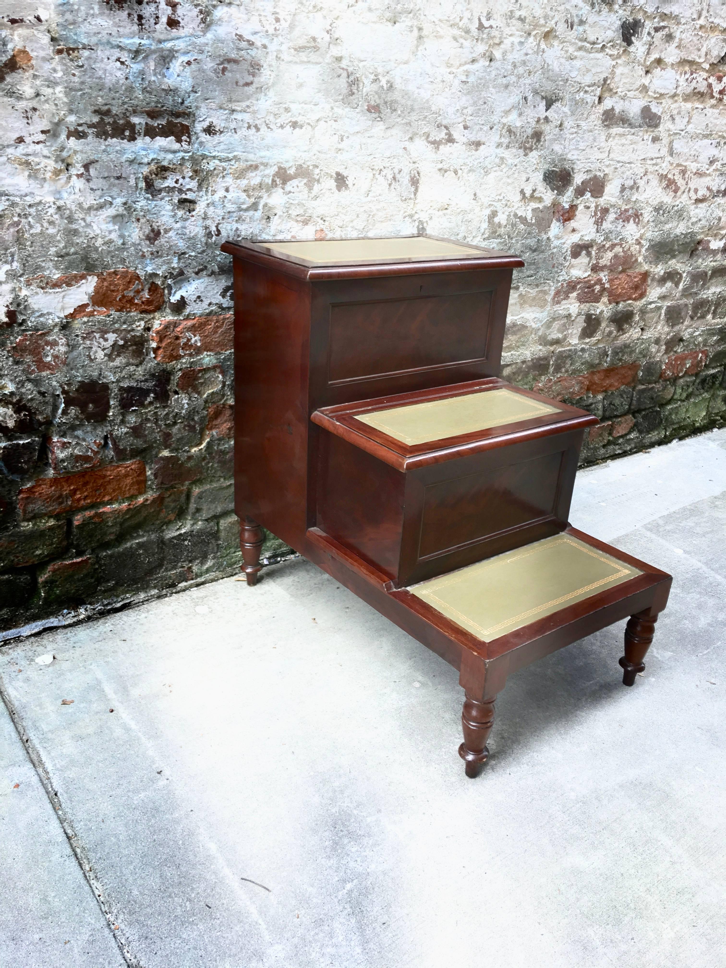 Mahogany Bed Steps with Green Leather at 1stDibs