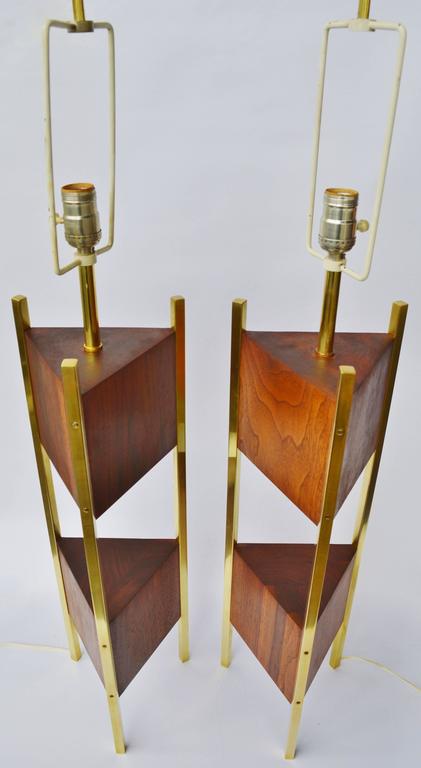 Large Pair of Walnut and Brass Triangular Laurel Lamps For Sale at 1stdibs
