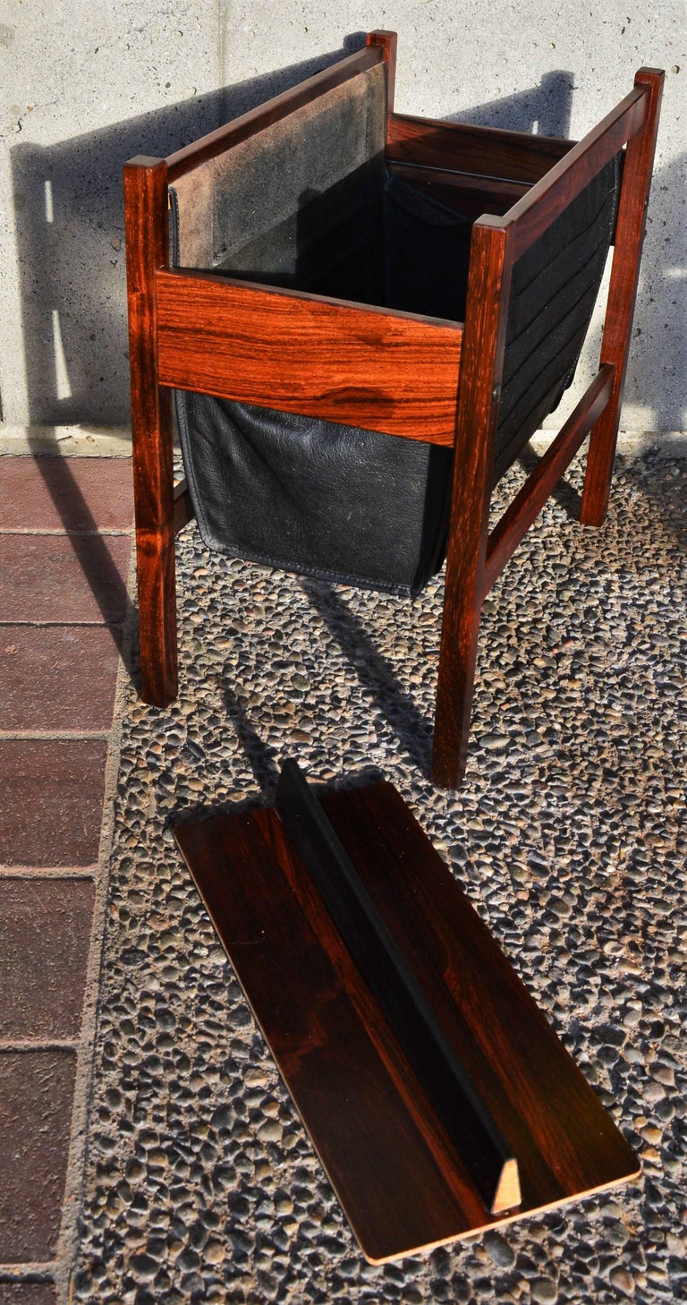 Danish Modern Rosewood and Black Leather Magazine Rack For Sale at 1stDibs