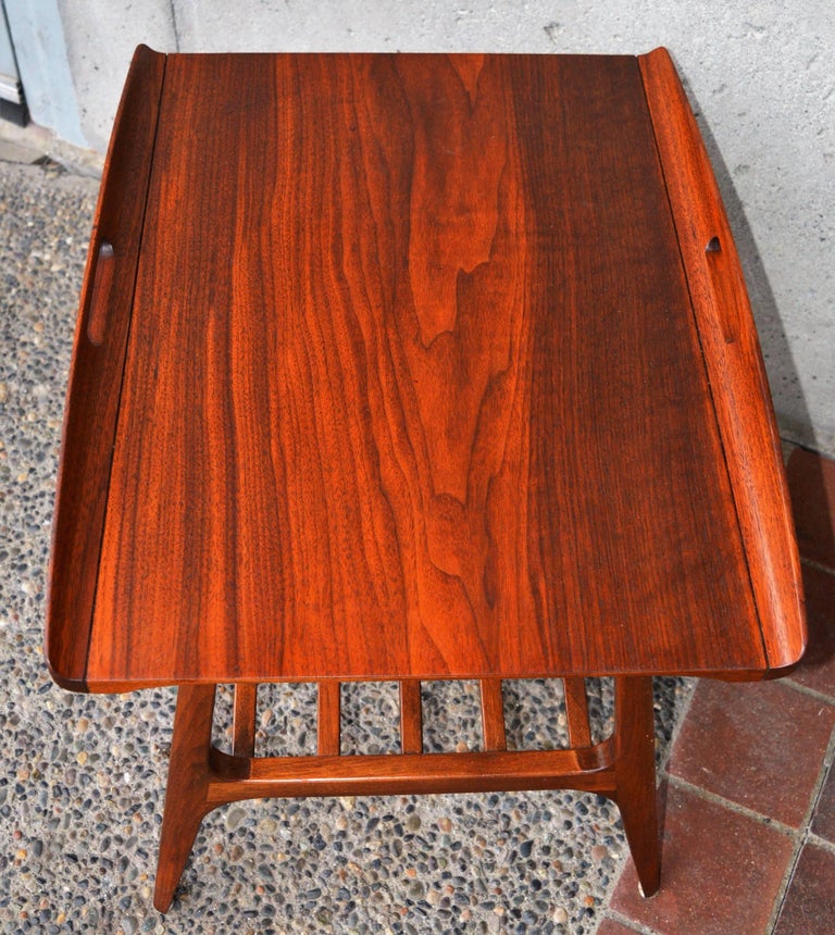 MCM Walnut Side Table Flared Edges with Handles, Splayed Legs, Slat ...