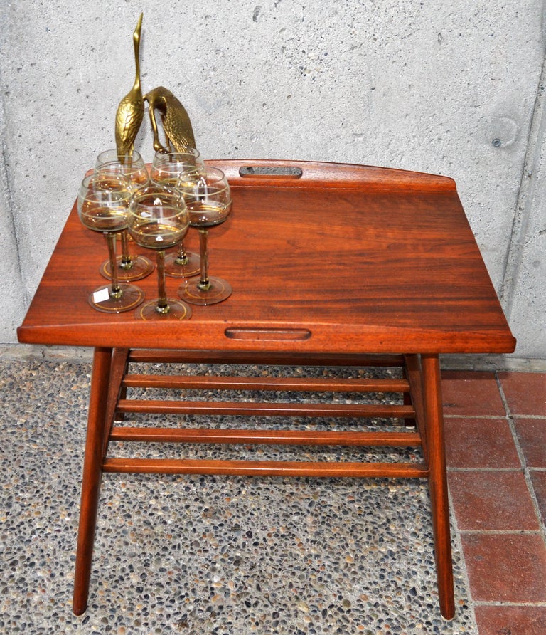 MCM Walnut Side Table Flared Edges with Handles, Splayed Legs, Slat ...