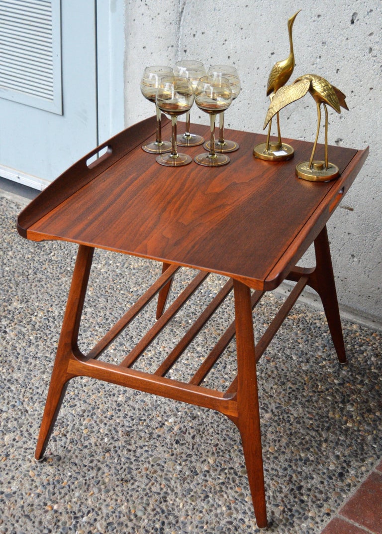 MCM Walnut Side Table Flared Edges with Handles, Splayed Legs, Slat ...