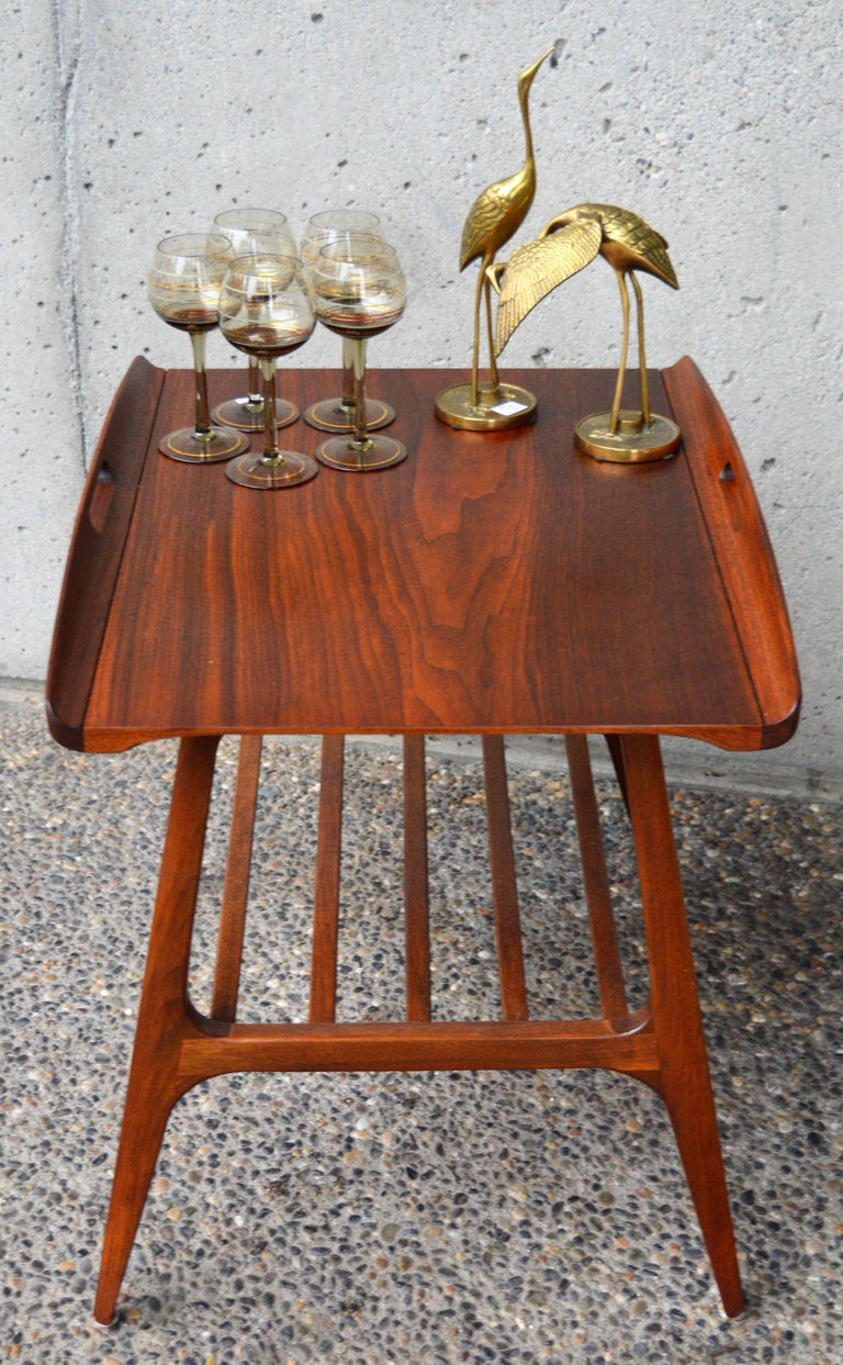 MCM Walnut Side Table Flared Edges with Handles, Splayed Legs, Slat ...