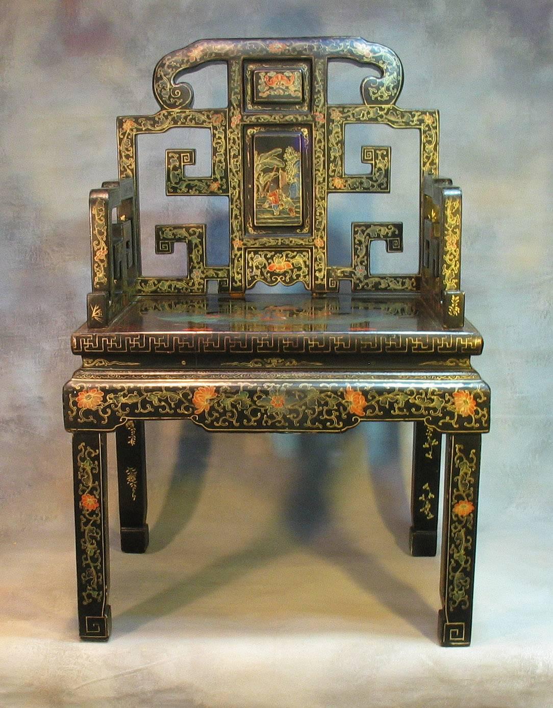 Beautiful and Rare Chinese Gilt Polychrome Decorated Black-Lacquered ...