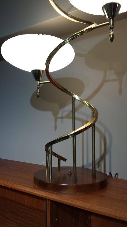 Mid-Century Modern Brass and Wood Spring/Coil Table Lamp Glass Squat ...