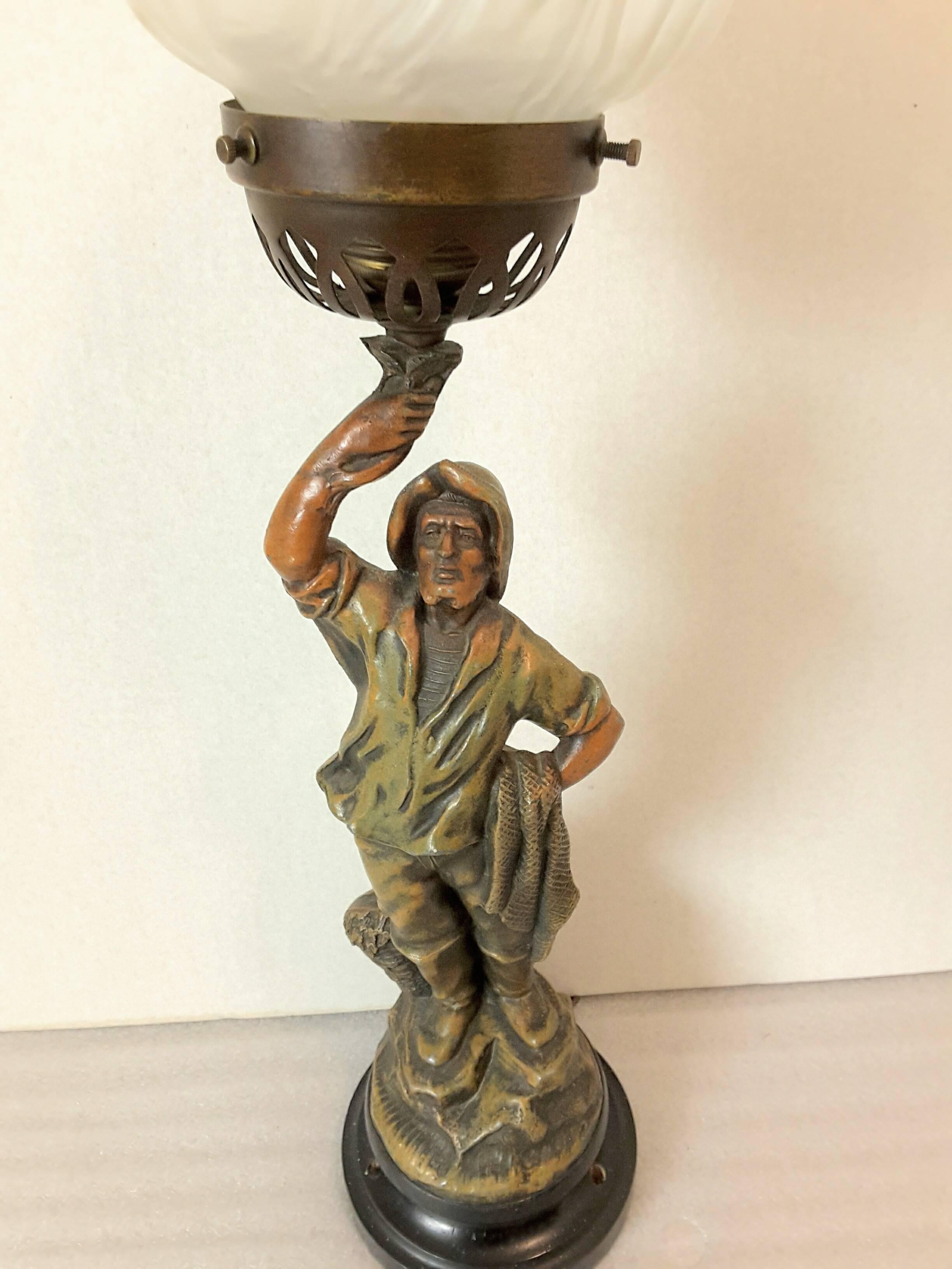 Newel Post Light or Lamp with Flame Shade Titled the "Pecheur" on the ...