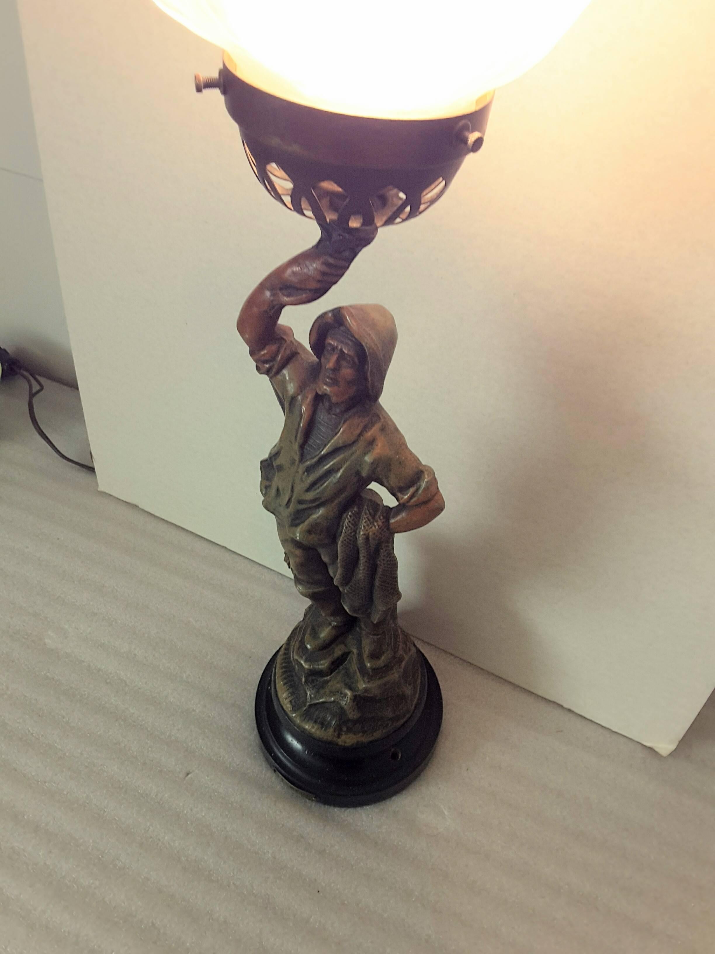 Newel Post Light or Lamp with Flame Shade Titled the "Pecheur" on the ...