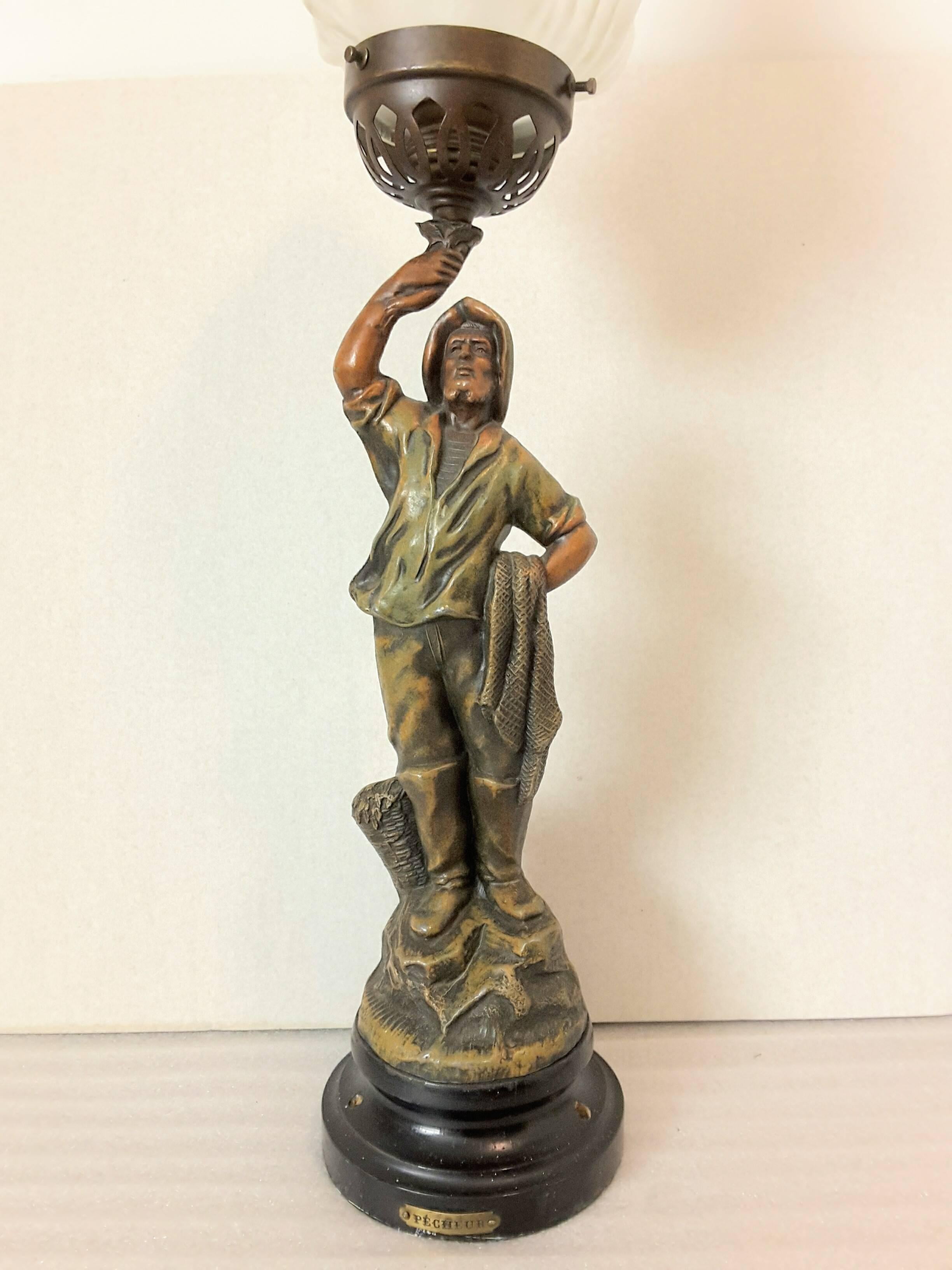 Newel Post Light or Lamp with Flame Shade Titled the "Pecheur" on the ...