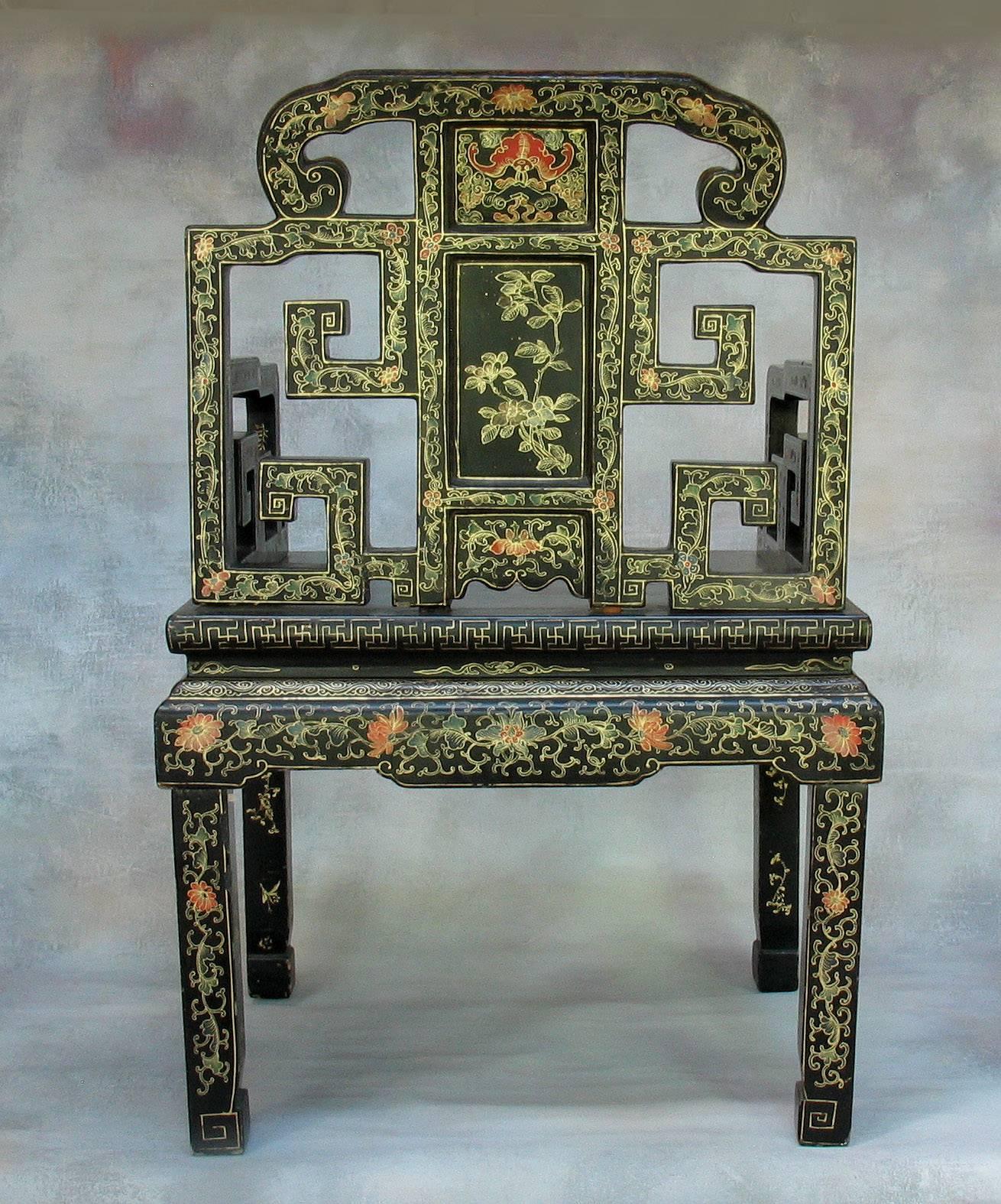 Beautiful and Rare Chinese Gilt Polychrome Decorated Black-Lacquered ...