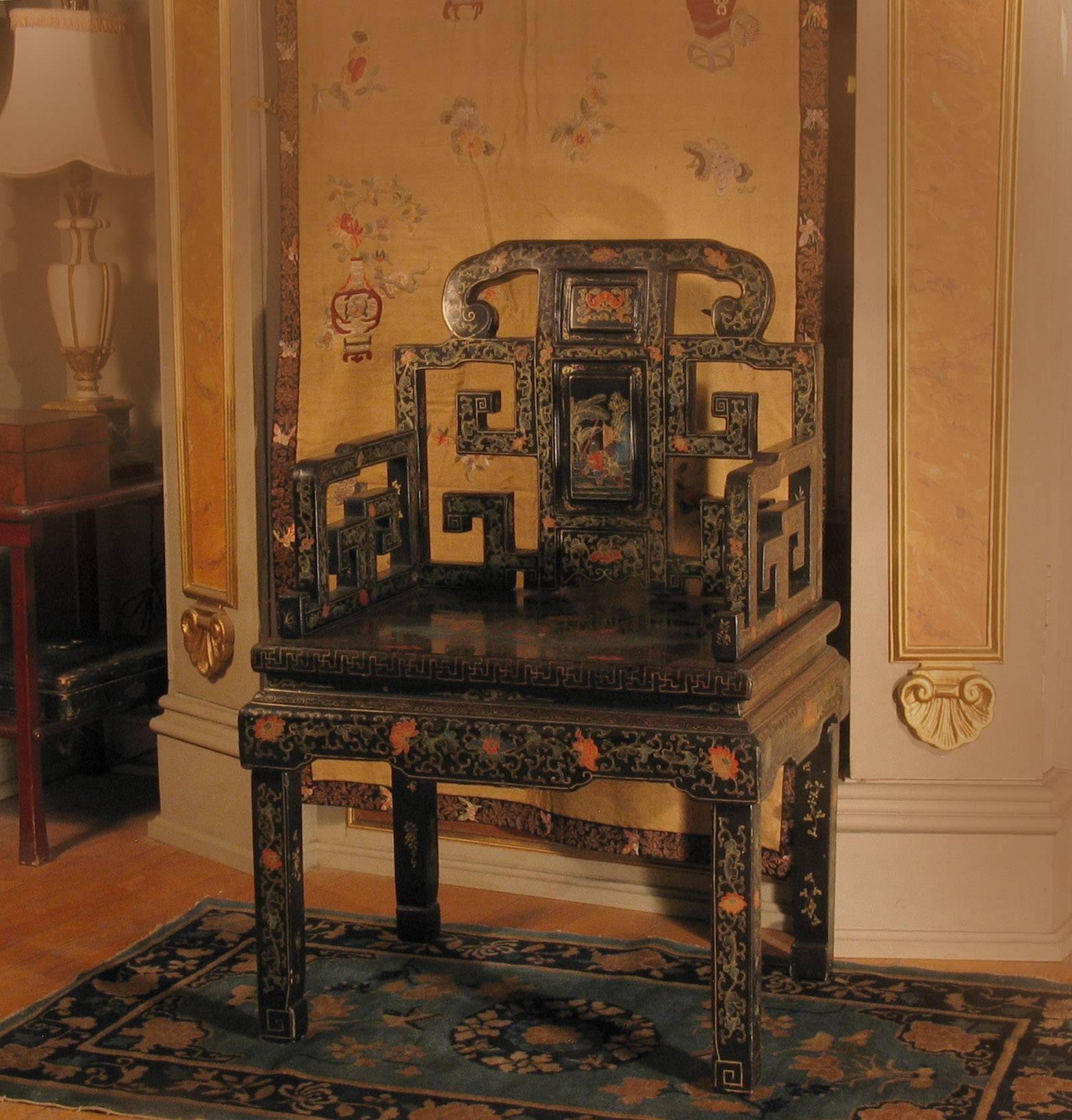 Beautiful and Rare Chinese Gilt Polychrome Decorated Black-Lacquered ...