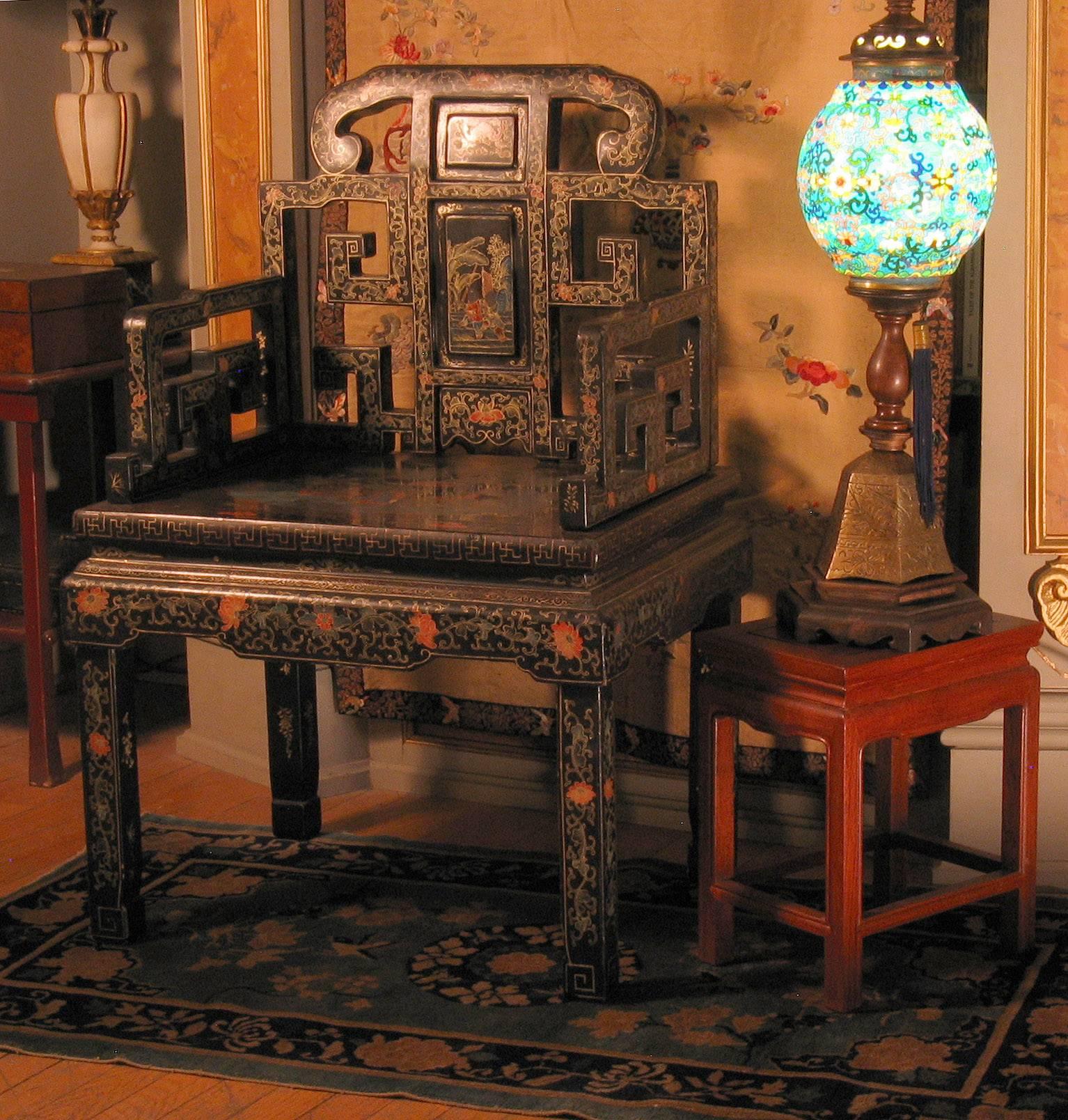 Beautiful and Rare Chinese Gilt Polychrome Decorated Black-Lacquered ...