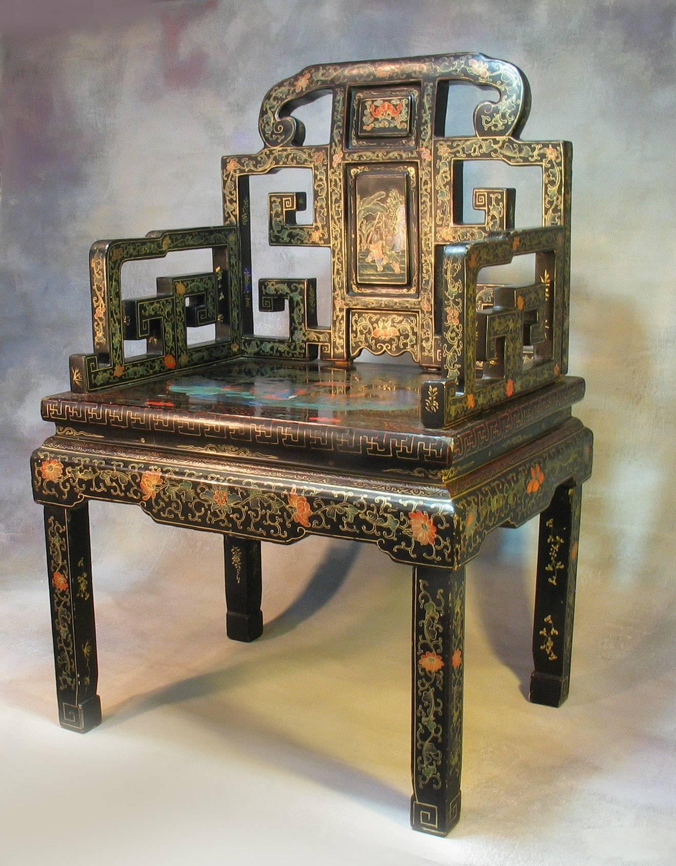 Beautiful and Rare Chinese Gilt Polychrome Decorated Black-Lacquered ...