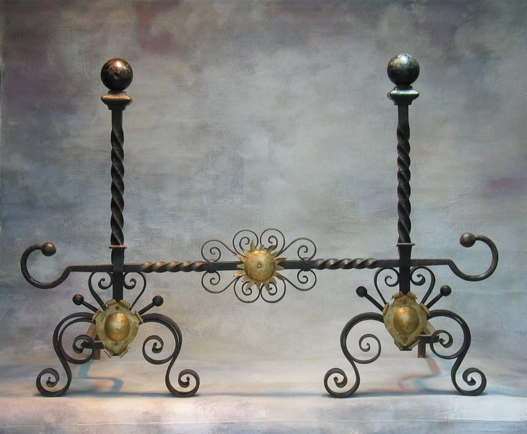 Pair of Large Cannonball Top Wrought Iron Andirons, 19th Century For ...