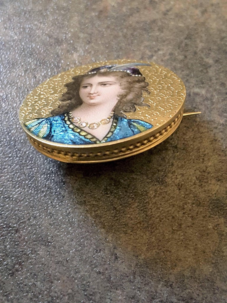 Art Nouveau Enameled and Diamond 14K Gold Brooch at 1stdibs