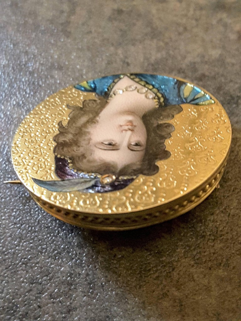 Art Nouveau Enameled and Diamond 14K Gold Brooch at 1stdibs