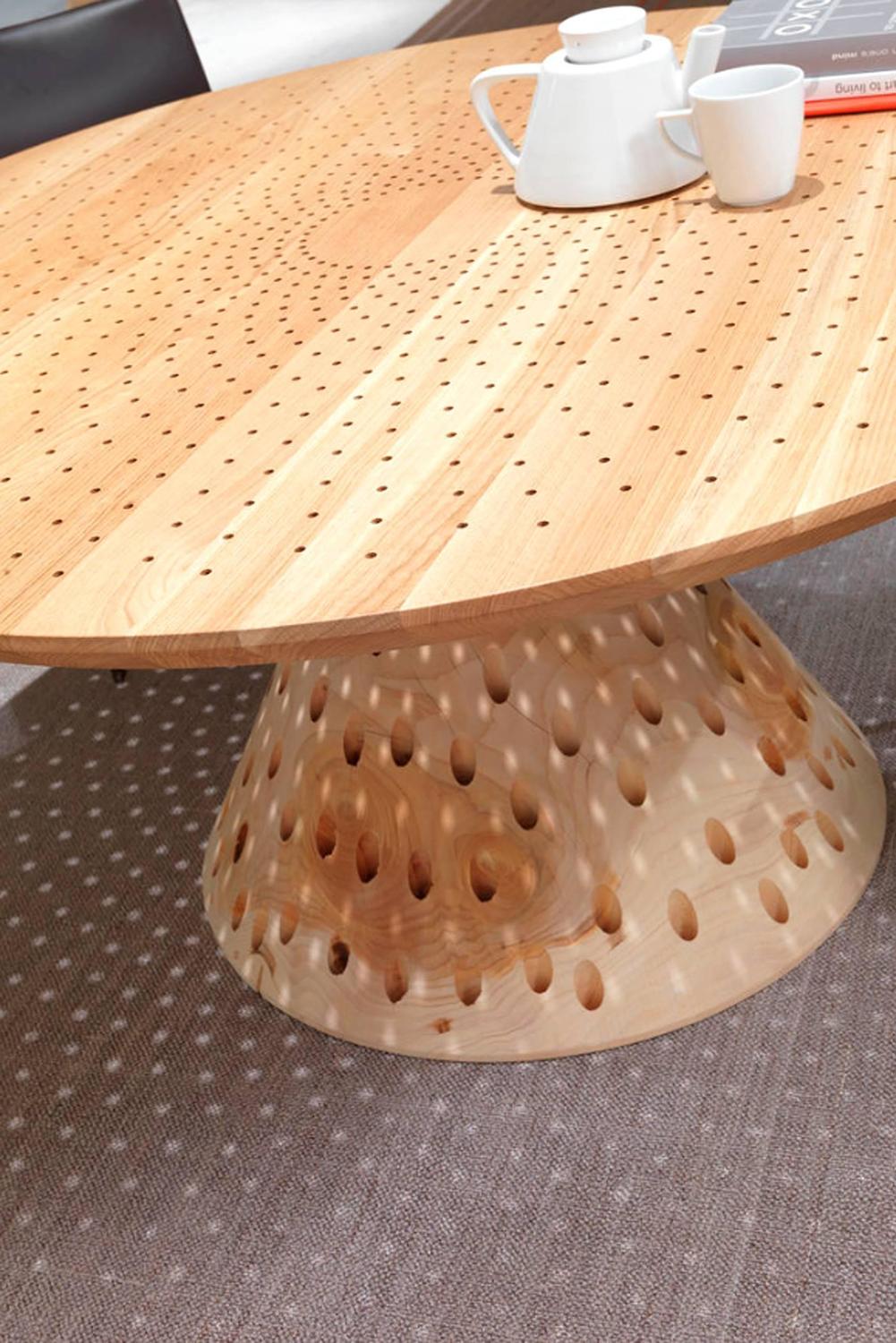 Round Table Holes in Solid Cedar Wood with Oak Table Top For Sale at ...