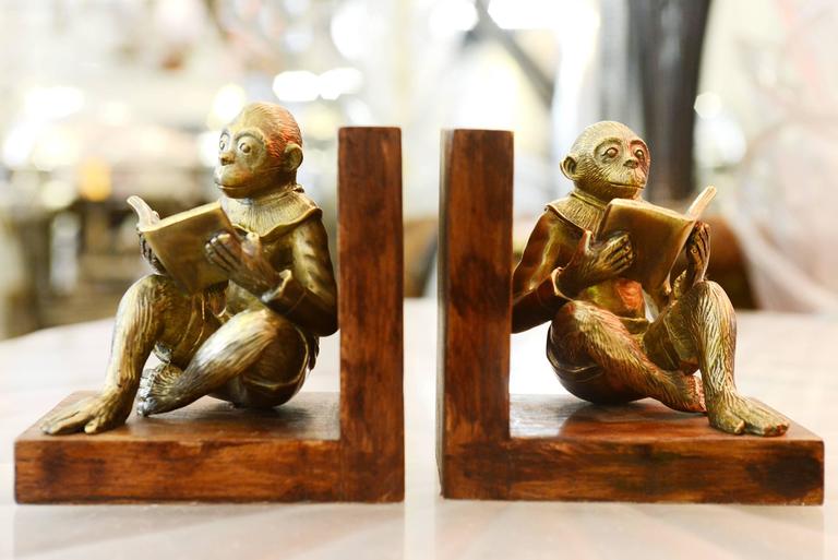 Monkeys Readers Bookends Set of Two in Bronze at 1stDibs