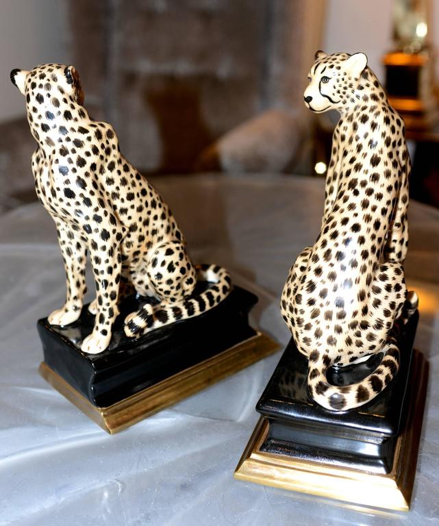 Cheetah Bookends Set of Two in Porcelain with Brass Base at 1stDibs
