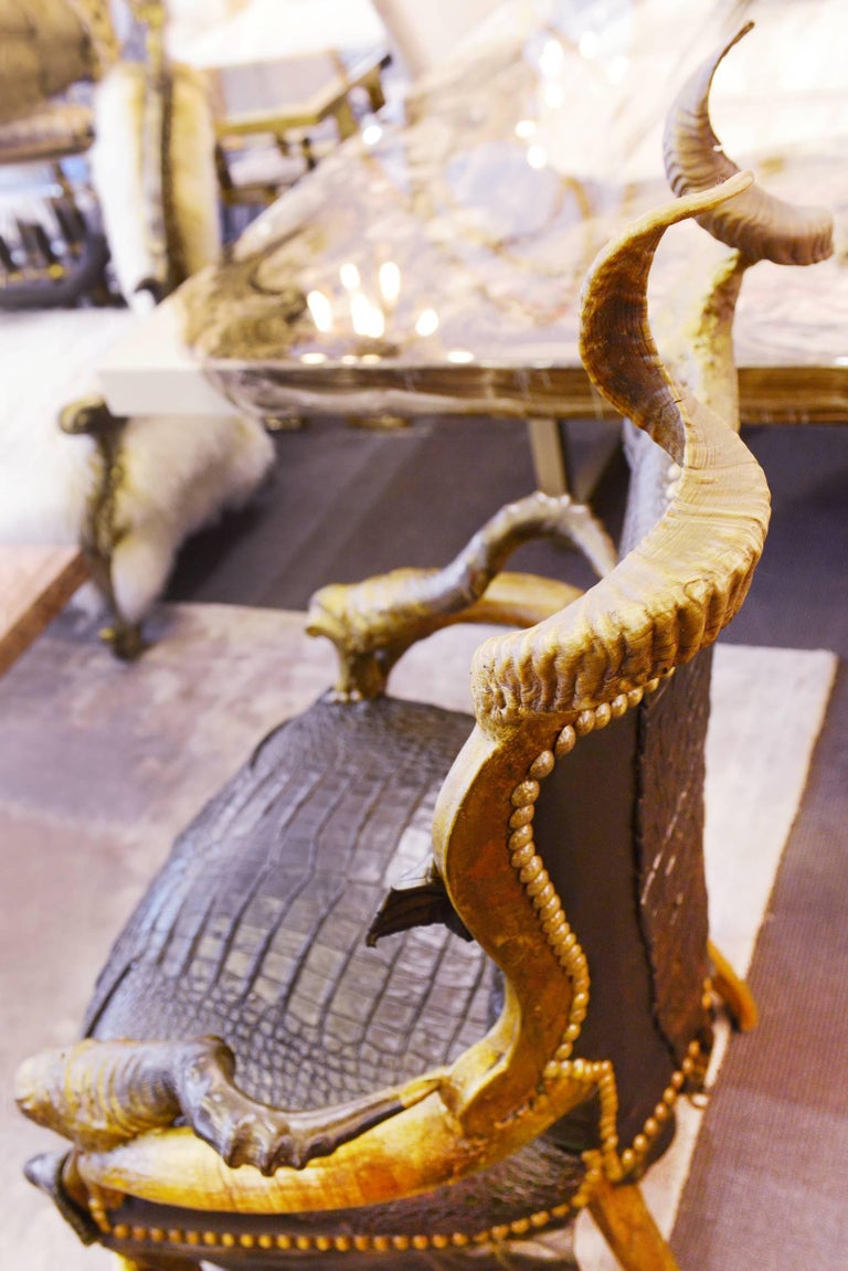 Black Croco Armchair with Alligator Skin and Real Horns For Sale at ...