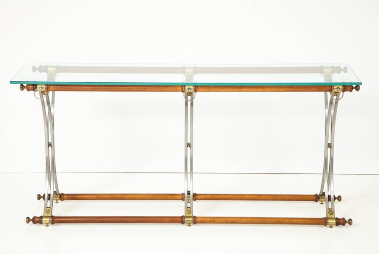 Turned Wood Console Table with Brushed Steel Legs and Glass Top at 1stDibs