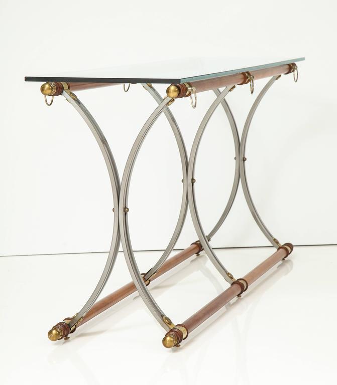 Turned Wood Console Table with Brushed Steel Legs and Glass Top at 1stDibs