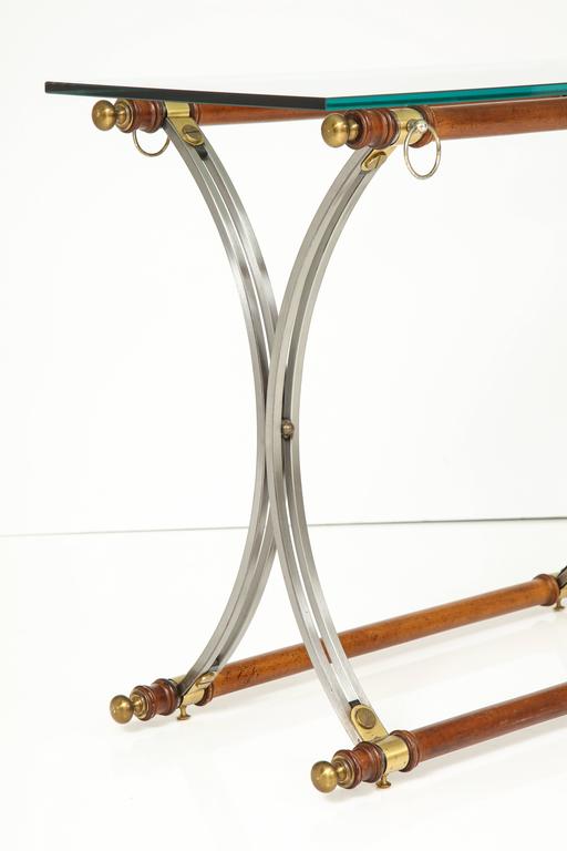 Turned Wood Console Table with Brushed Steel Legs and Glass Top at 1stDibs