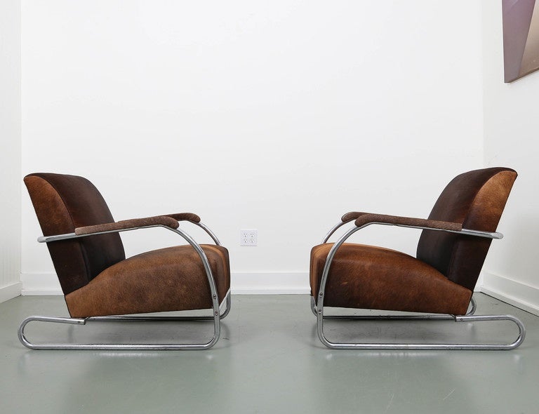 Pair of Art Deco Cowhide and Chrome Lounge Chairs at 1stDibs