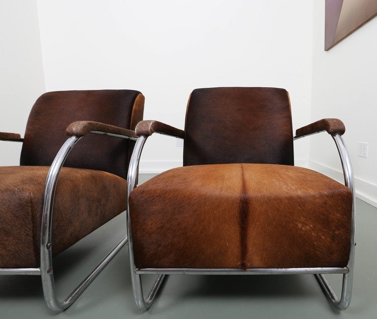 Pair of Art Deco Cowhide and Chrome Lounge Chairs at 1stDibs