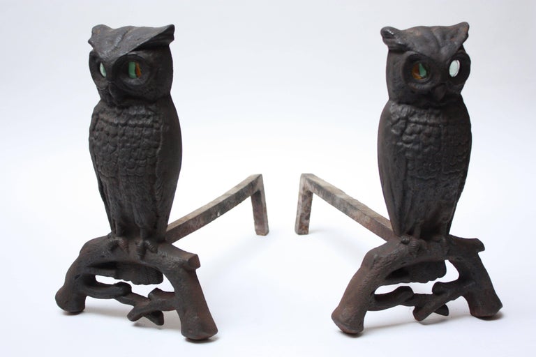 1930s Cast Iron Owl Andirons with Glass Eyes at 1stDibs
