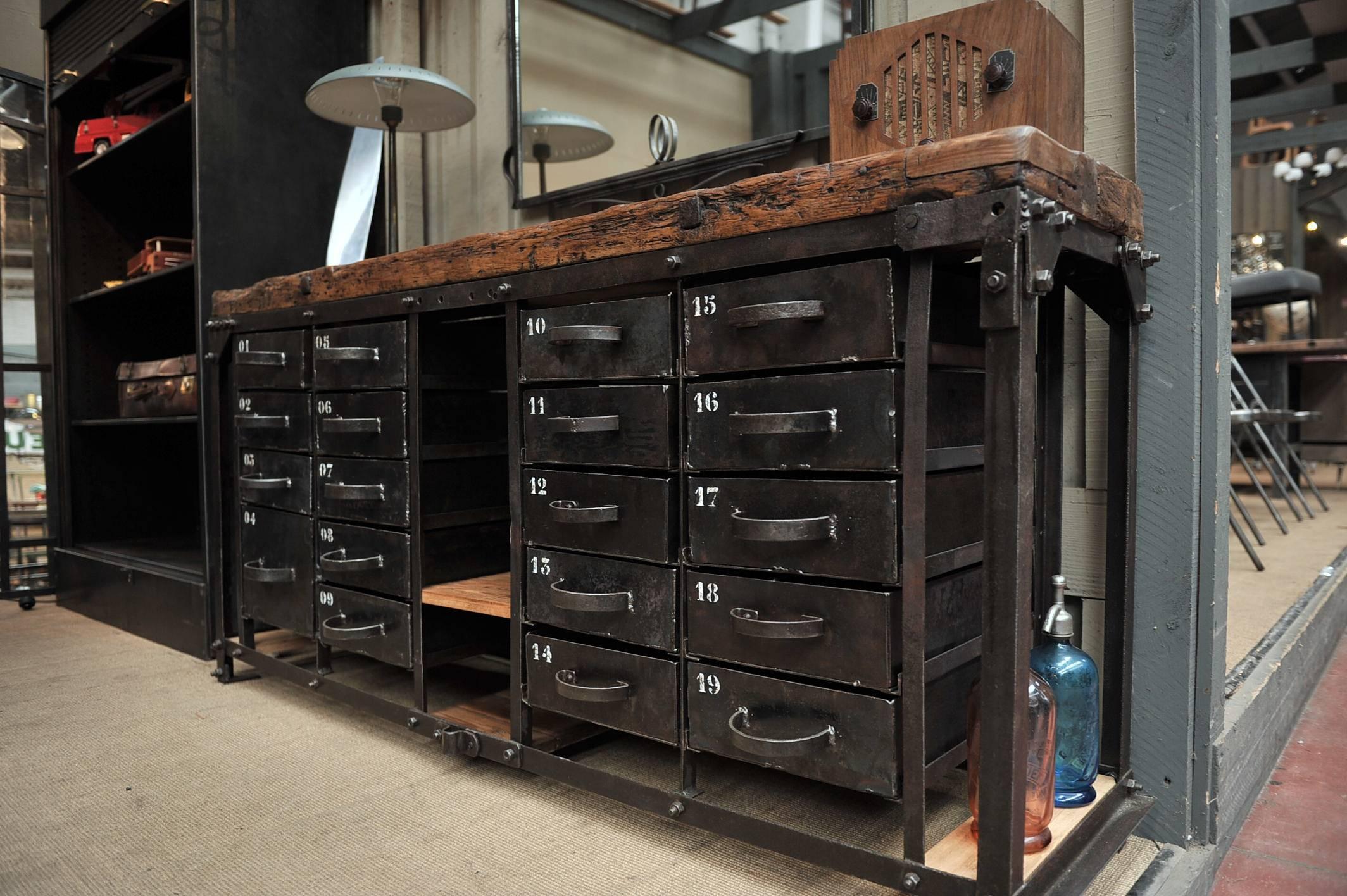Industrial Iron and Pine French Factory Drawer Workbench 1920s at ...