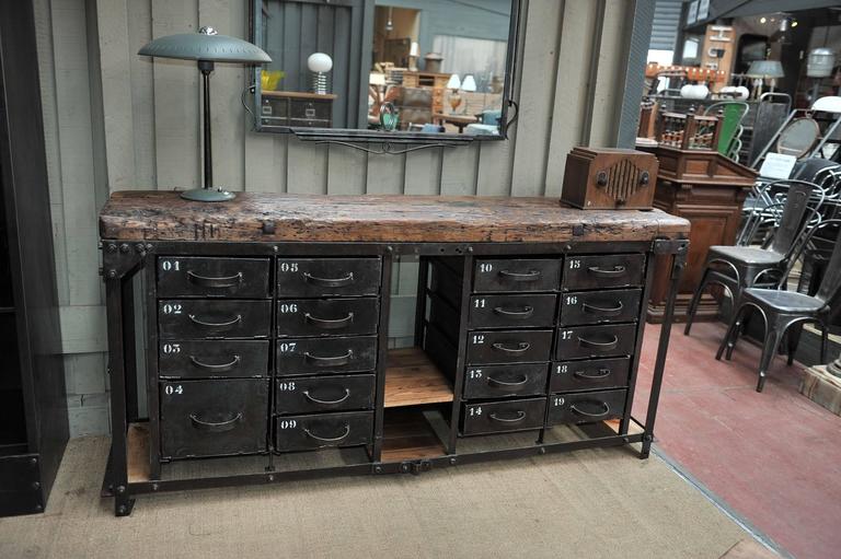 Industrial Iron and Pine French Factory Drawer Workbench 1920s at ...